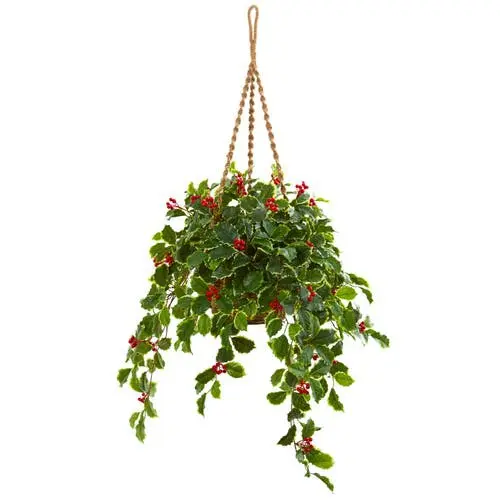 NEARLY NATURAL 40-in Variegated Holly With Berries Artificial Plant In Hanging Basket - Green