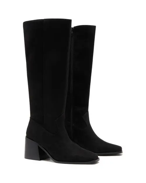 THERAPY AUSTRALIA Quinn Square Toe Block Heel Tall Boots - Black Microsuede