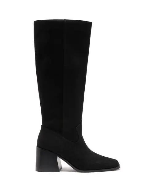THERAPY AUSTRALIA Quinn Square Toe Block Heel Tall Boot - Black Microsuede