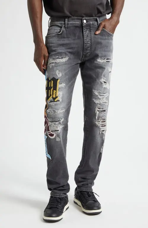 Amiri Varsity Patch Rip & Repair Skinny Jeans - Black Sand