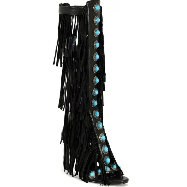 AZALEA WANG Amadeo Knee High Fringe Sandal - Black