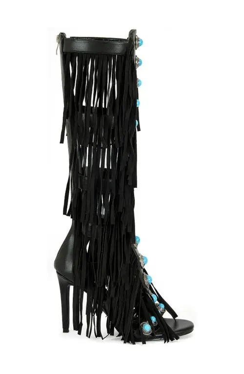 AZALEA WANG Amadeo Knee High Fringe Sandal - Black