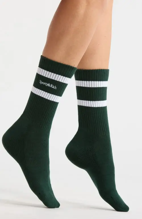 SPORTY & RICH Stripe Serif Logo Embroidered Crew Socks - Forest/white