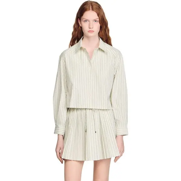 Sandro Striped Rhinestone Embellished Shirt - Ecru