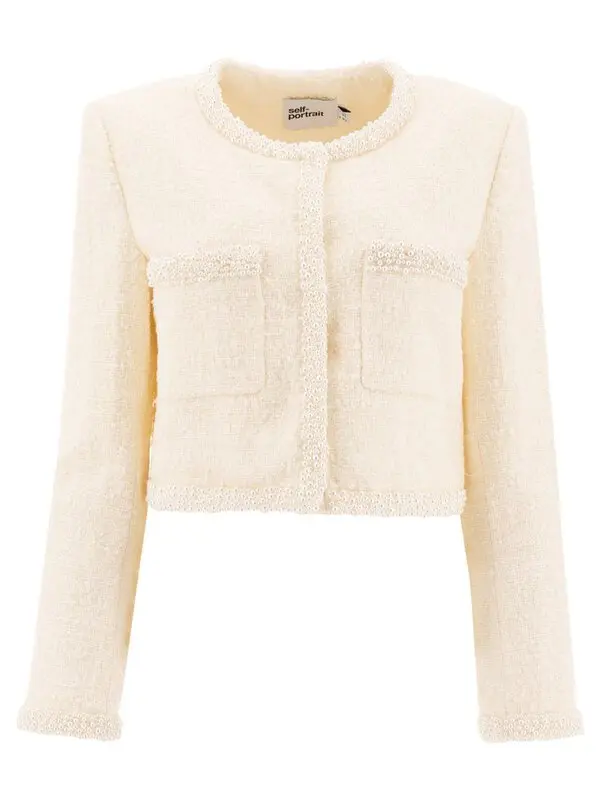 SELF-PORTRAIT Bouclé Blazer With Pearl Trim - Beige