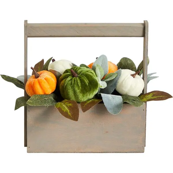 NEARLY NATURAL 10-in Fall Pumpkin Artificial Autumn Arrangement In Wood Basket - Multicolor