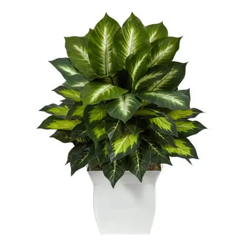 NEARLY NATURAL 2-ft Golden Dieffenbachia Artificial Plant In White Metal Planter - Green