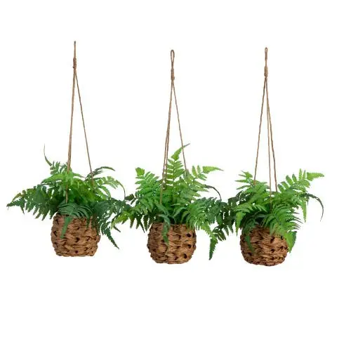 NEARLY NATURAL 10-in Uv Resistant Artificial Boston Fern In Hanging Wicker Basket Set Of 3 - Green