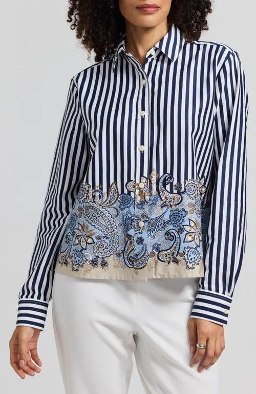 Foxcroft Stripe & Paisley Print Button-down Blouse