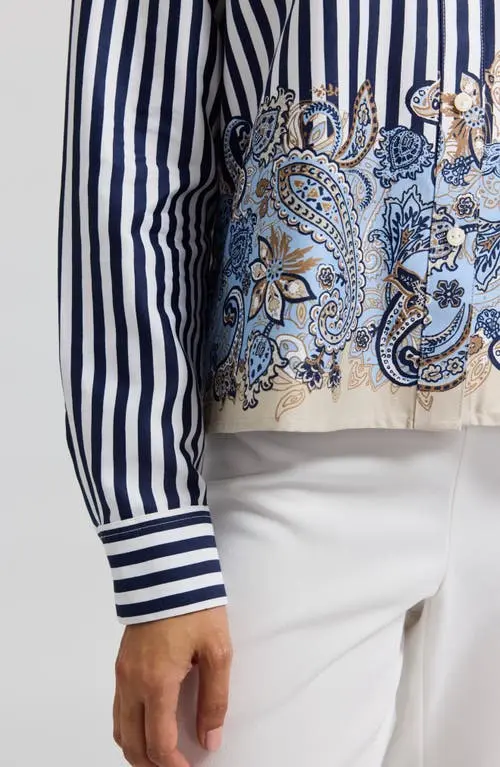 Foxcroft Stripe & Paisley Print Button-down Blouse - Blue Multi