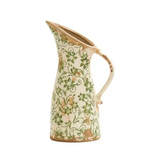 NEARLY NATURAL 10-in Tuscan Ceramic Scroll Pitcher Vase - Green