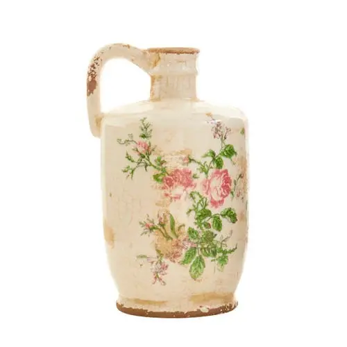 NEARLY NATURAL 10-in Tuscan Ceramic Floral Print Pitcher - White