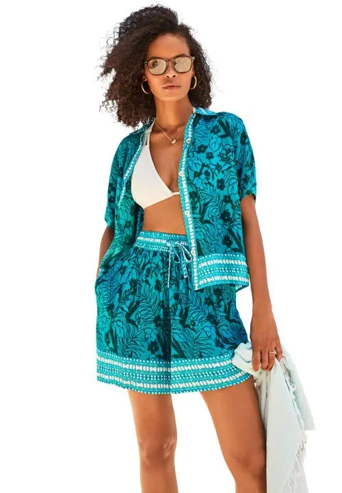 SWIMSUITS FOR ALL Cropped Button-front Beach Cover Up Shirt - Mediterranean Coast