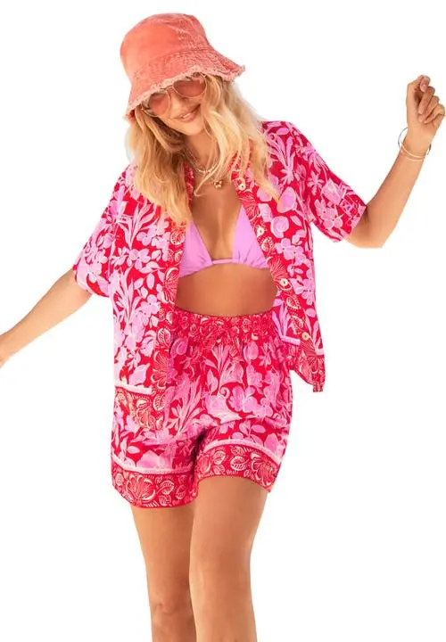 SWIMSUITS FOR ALL Cropped Button-front Beach Cover Up Shirt - Ruby Paradise