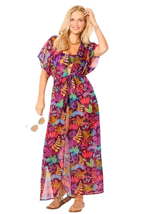 SWIMSUITS FOR ALL Open Front Tie-waist Maxi Cover Up - Black Cherry Boho