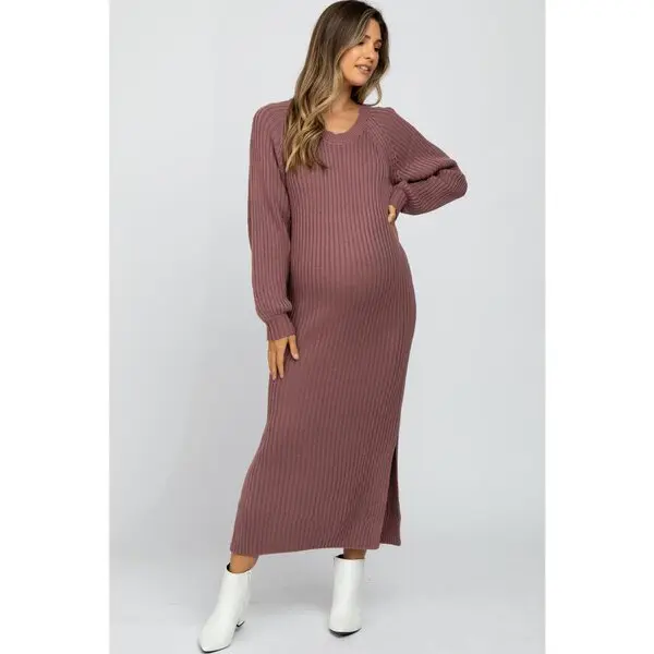 PINKBLUSH Side Slit Maxi Sweater Dress - Mauve