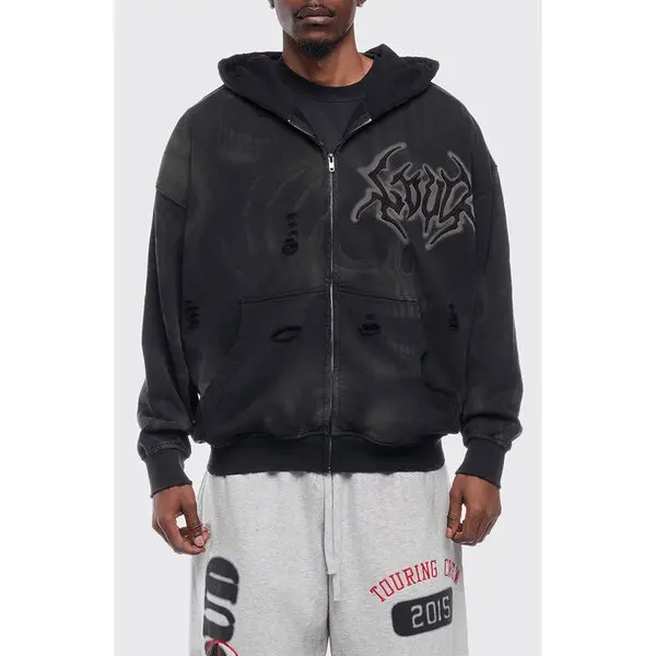 ROLLING LOUD Distressed Ghost Skull Graphic Zip Hoodie