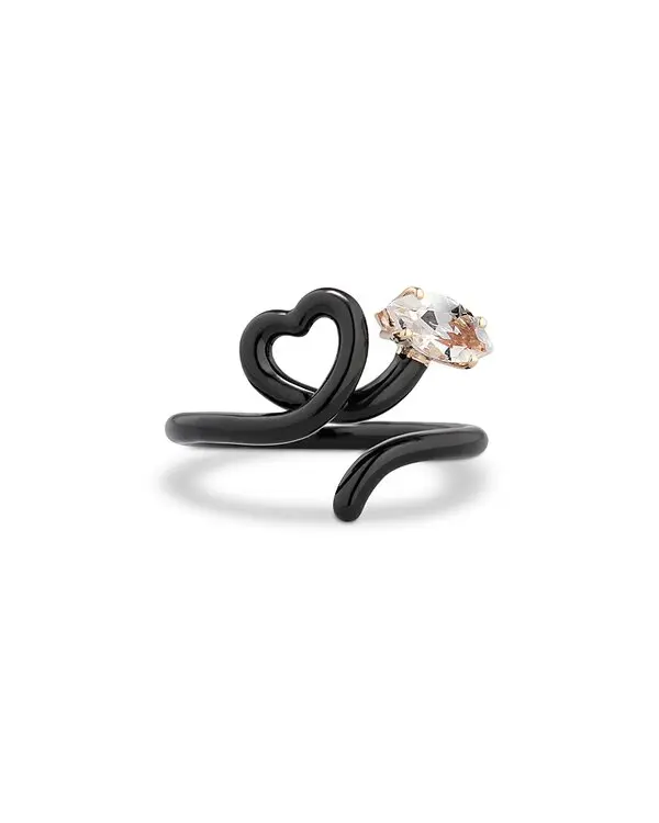 Bea Bongiasca 9k Yellow Gold Hearts Rock Crystal & Black Enamel Ring - Silver/gold