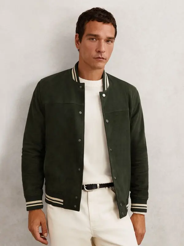REISS Banridge Suede Stripe-trim Bomber Jacket - Forest Green