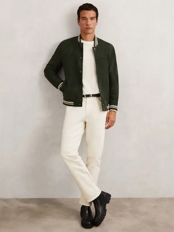 REISS Banridge Suede Stripe-trim Bomber Jacket - Forest Green