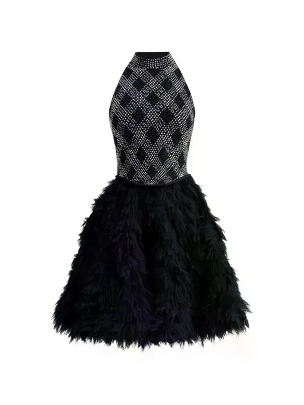 GEMY MAALOUF Beaded High-collar Feathered Dress
