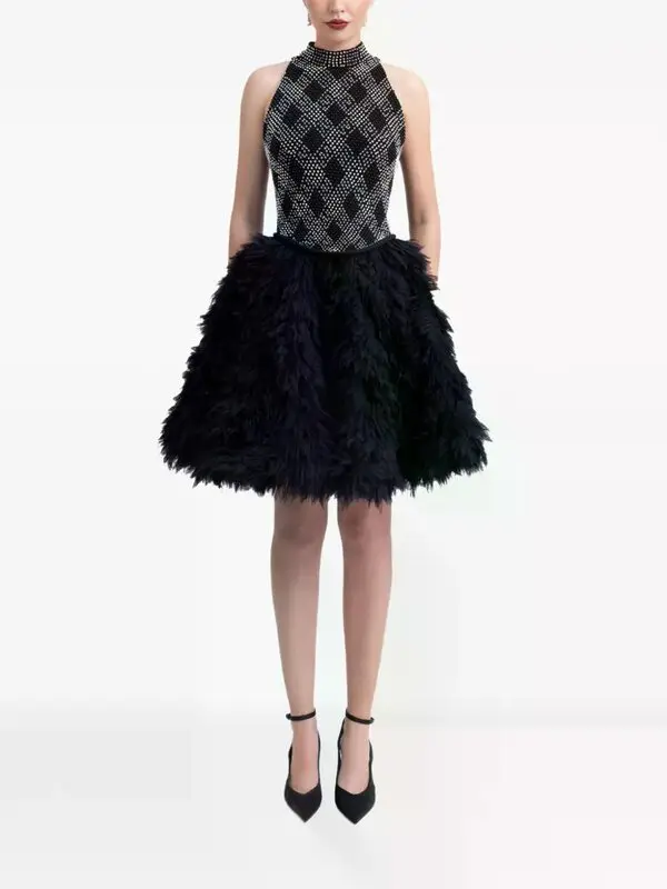 GEMY MAALOUF Beaded High-collar Feathered Dress