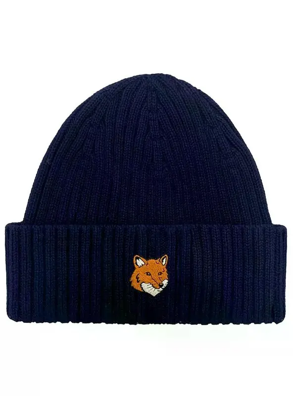 Maison Kitsuné Embroidered Ribbed Beanie - Blue