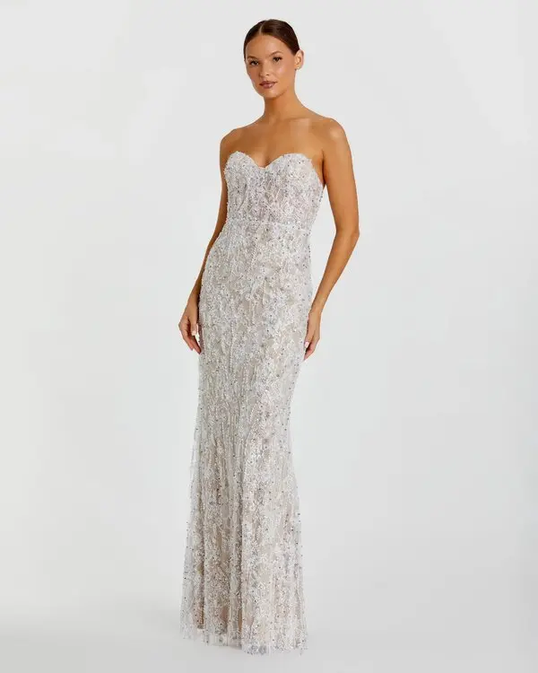 Mac Duggal Embellished Lace Strapless Bustier Gown - Neutral