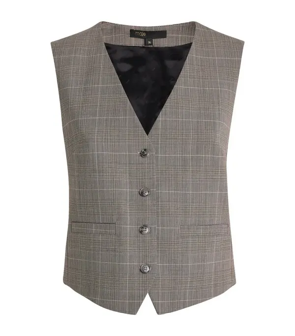 Maje Wool-blend Check Sleeveless Waistcoat - Black