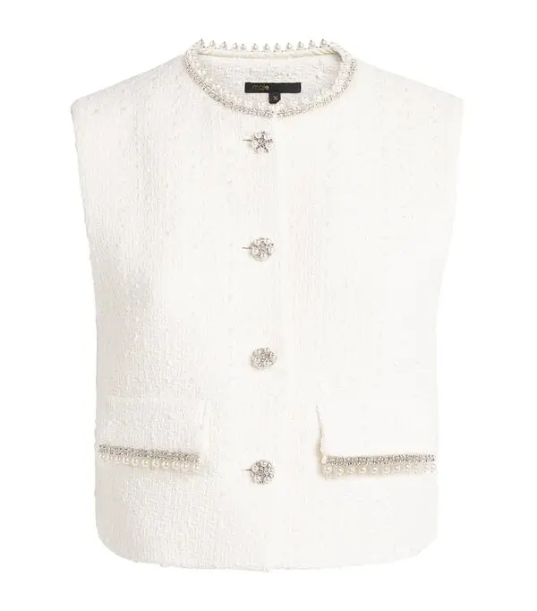 Maje Tweed Jewel-embellished Waistcoat - White