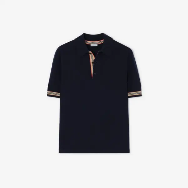 Burberry Icon Stripe Trim Wool Polo Shirt - Navy