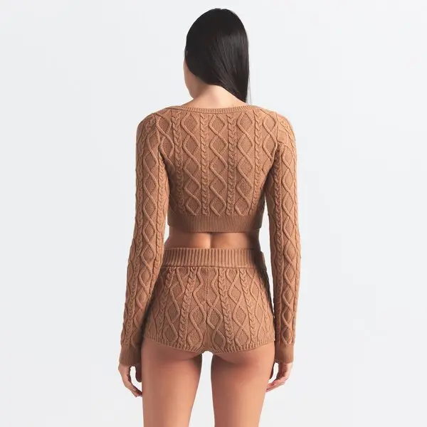 SKIMS Sweater Knits Cable Knit Cropped Cardigan - Dark Honey