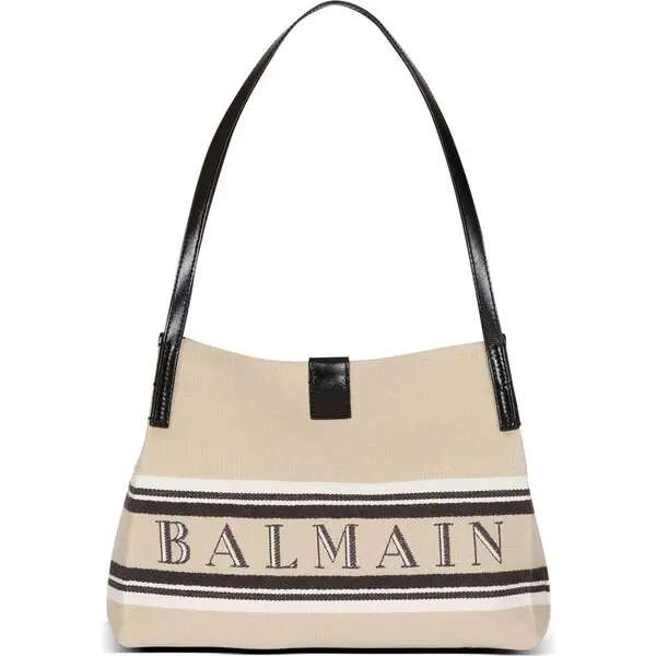 Balmain Small Release Shopper Bag In Canvas And Calfskin - Beige