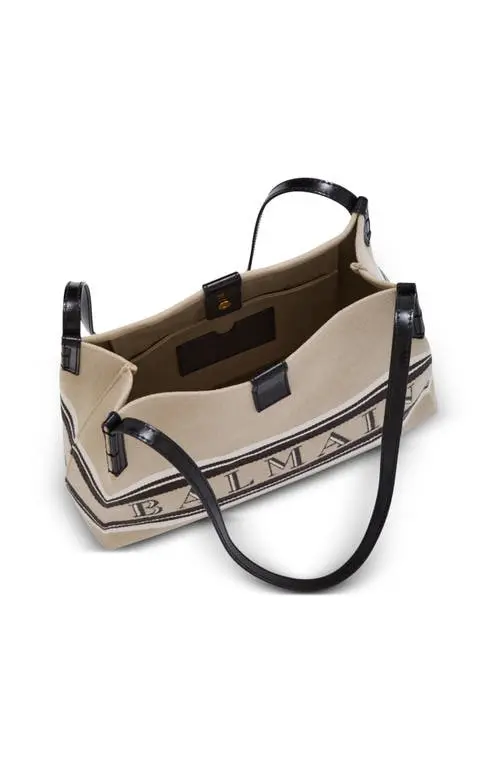 Balmain Small Release Shopper Bag In Canvas And Calfskin - Beige