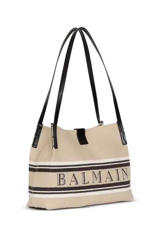 Balmain Small Release Shopper Bag In Canvas And Calfskin - Beige