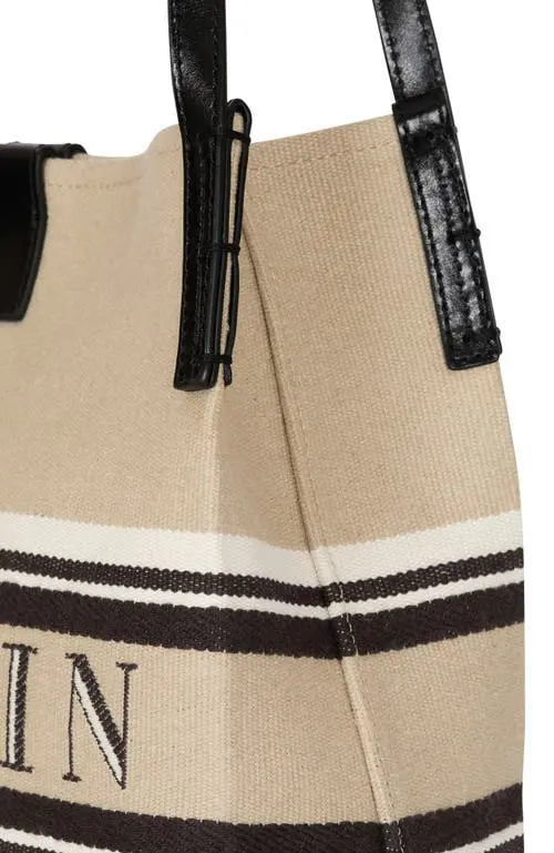 Balmain Small Release Shopper Bag In Canvas And Calfskin - Beige