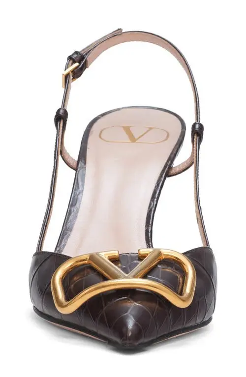 Valentino Garavani Vlogo Signature Croc-embossed Slingback Pumps - Brown