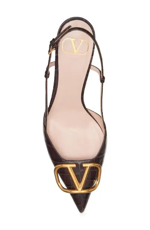 Valentino Garavani Vlogo Signature Croc-embossed Slingback Pumps - Brown