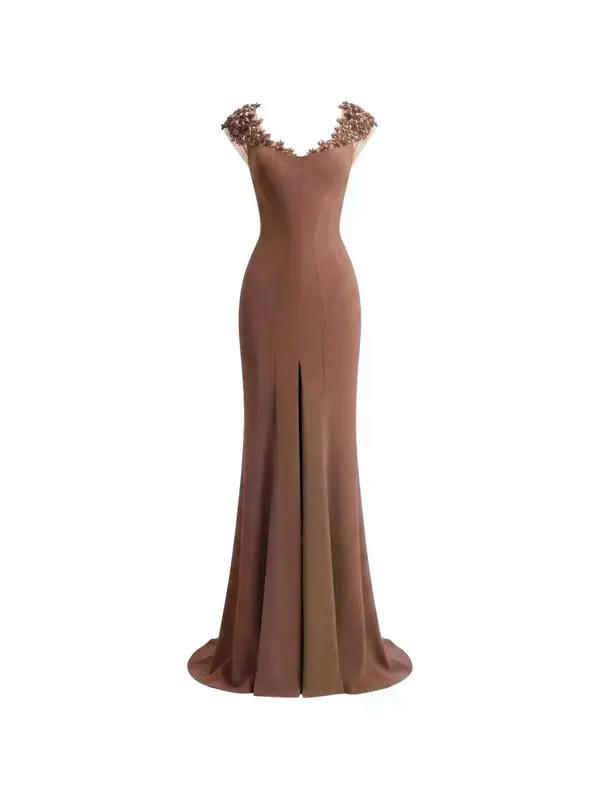 GEMY MAALOUF Beaded Neckline Maxi Dress - Brown
