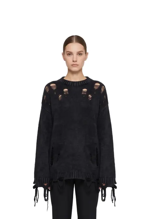 PCFG Distressed Knit Crewneck Sweater - Black