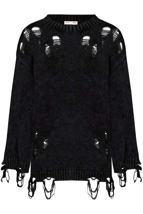PCFG Distressed Knit Pullover - Black
