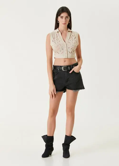 PCFG Cropped Ripped Knit Top - Beige