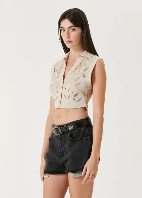PCFG Cropped Ripped Knit Top - Beige