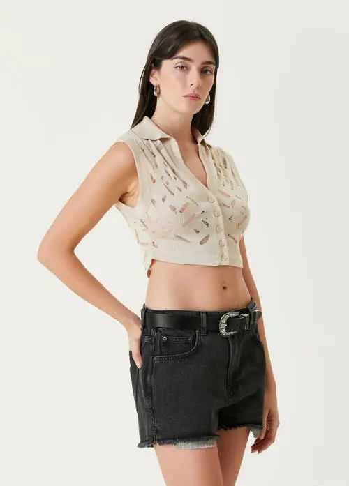 PCFG Cropped Sheer Knit Vest - Beige