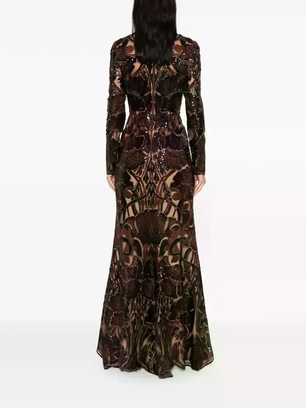 Elie Saab Sequin-embellished Long-sleeve Maxi Dress - Chocolate Brown