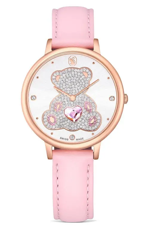 SWAROVSKI Crystal Teddy Leather Strap Watch - White/pink
