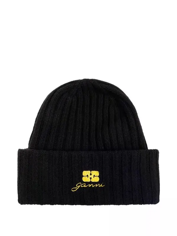 GANNI Logo-embroidered Beanie - Black