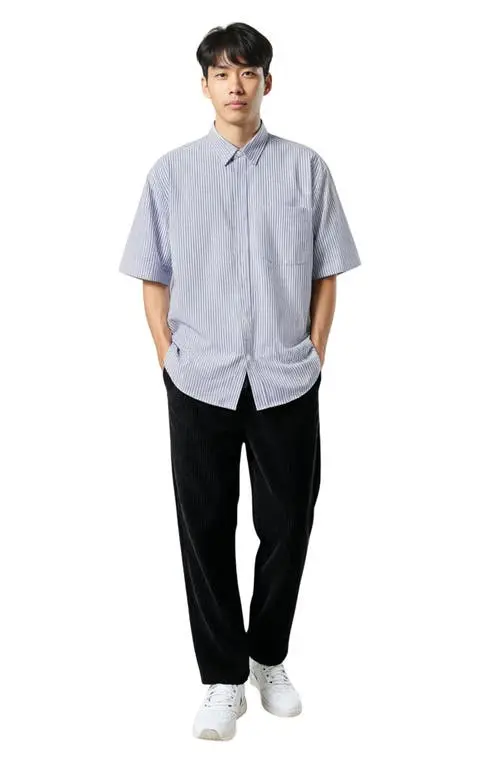 D.RT Oversize Pinstripe Short Sleeve Button-up Oxford Shirt