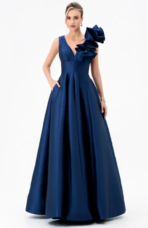 BARIANO Mirella V Neck Ruffle Gown - Navy