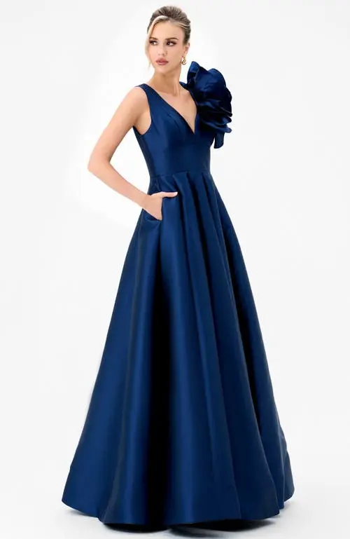 BARIANO Mirella V Neck Ruffle Gown - Navy